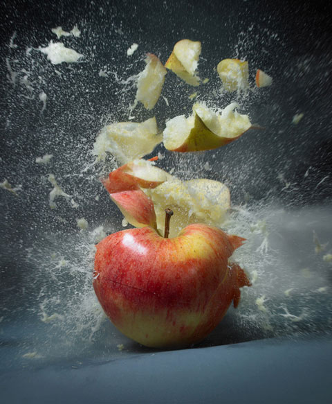Photographer Martin Klimas fires a projectile into fruits and vegetables